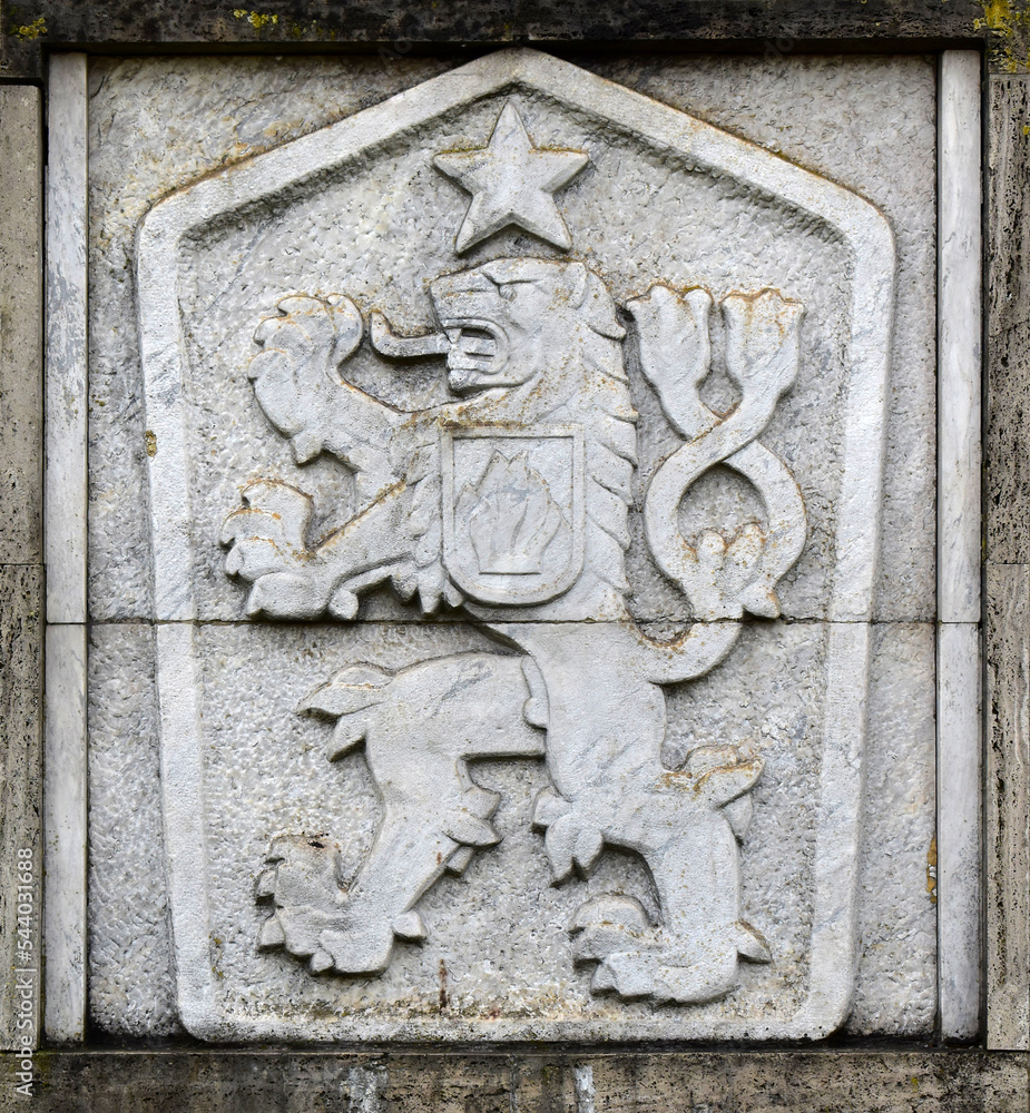 State emblem, symbol of communist Czechoslovakia, a two-tailed lion ...