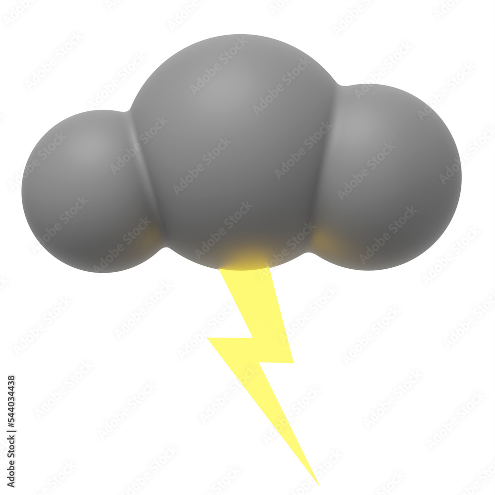 Gray cartoon cloud with lightning. 3D rendering. PNG icon on ...