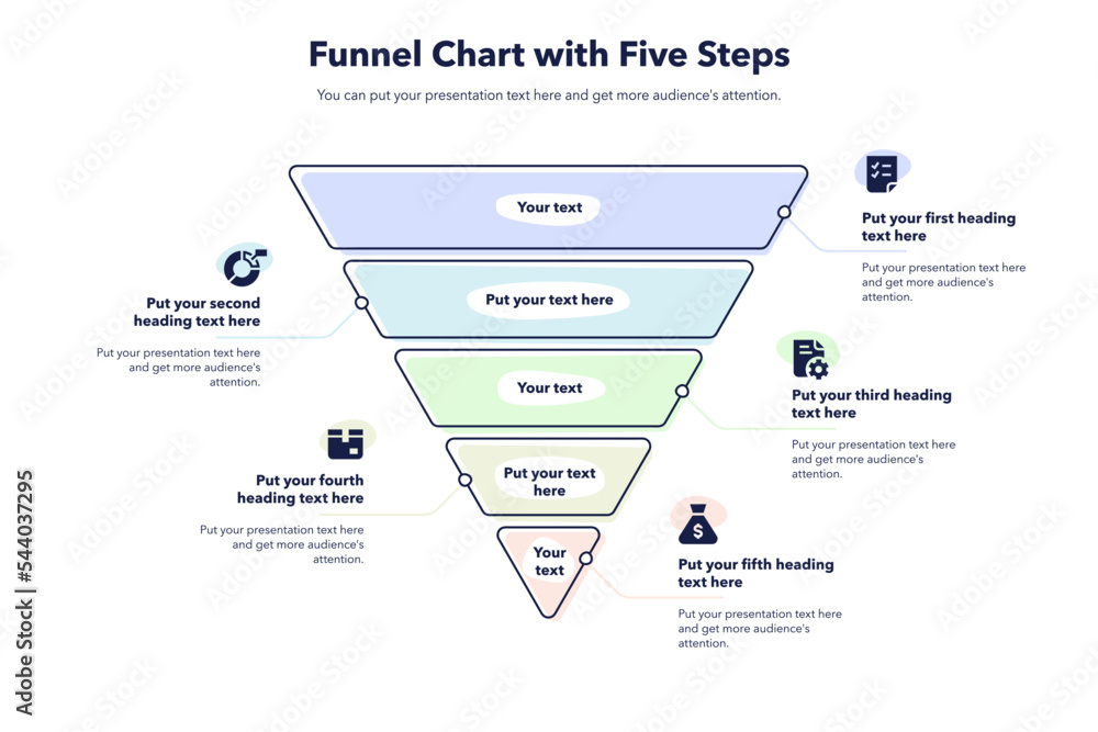 Funnel chart template with five colorful steps. Creative diagram ...