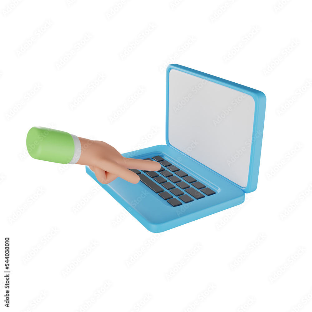 3D hand holding icon work using a laptop. Character's hands are working ...