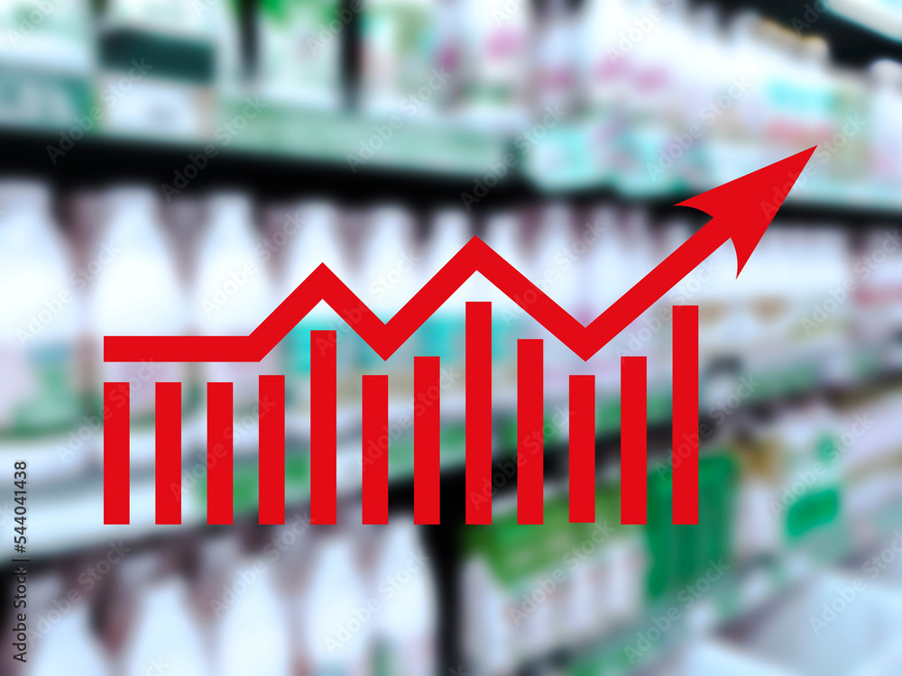 Red growing up large arrow on abstract blur image of supermarket ...