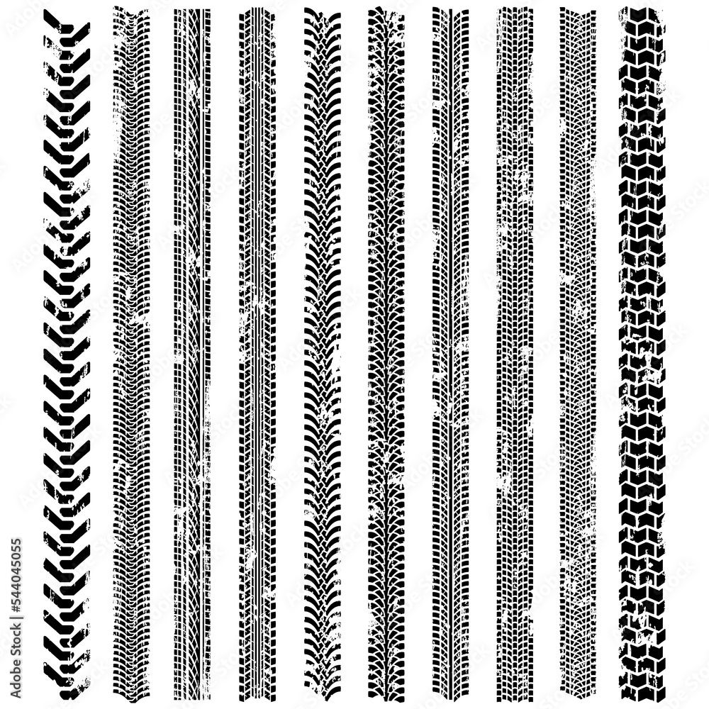 Tire tracks patterns. A set of detailed tire tread with grunge effect ...