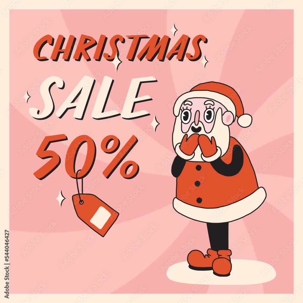 Merry Christmas sale advertisement, retro banner with 30s cartoon ...