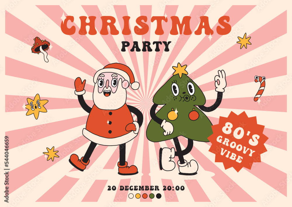 Christmas retro 80s party poster template. Happy dancing Santa Claus ...