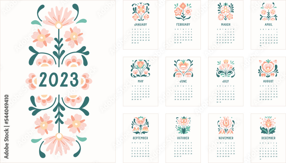 Cute floral flowers Calendar 2023 A4 vector format adjustable printable ...