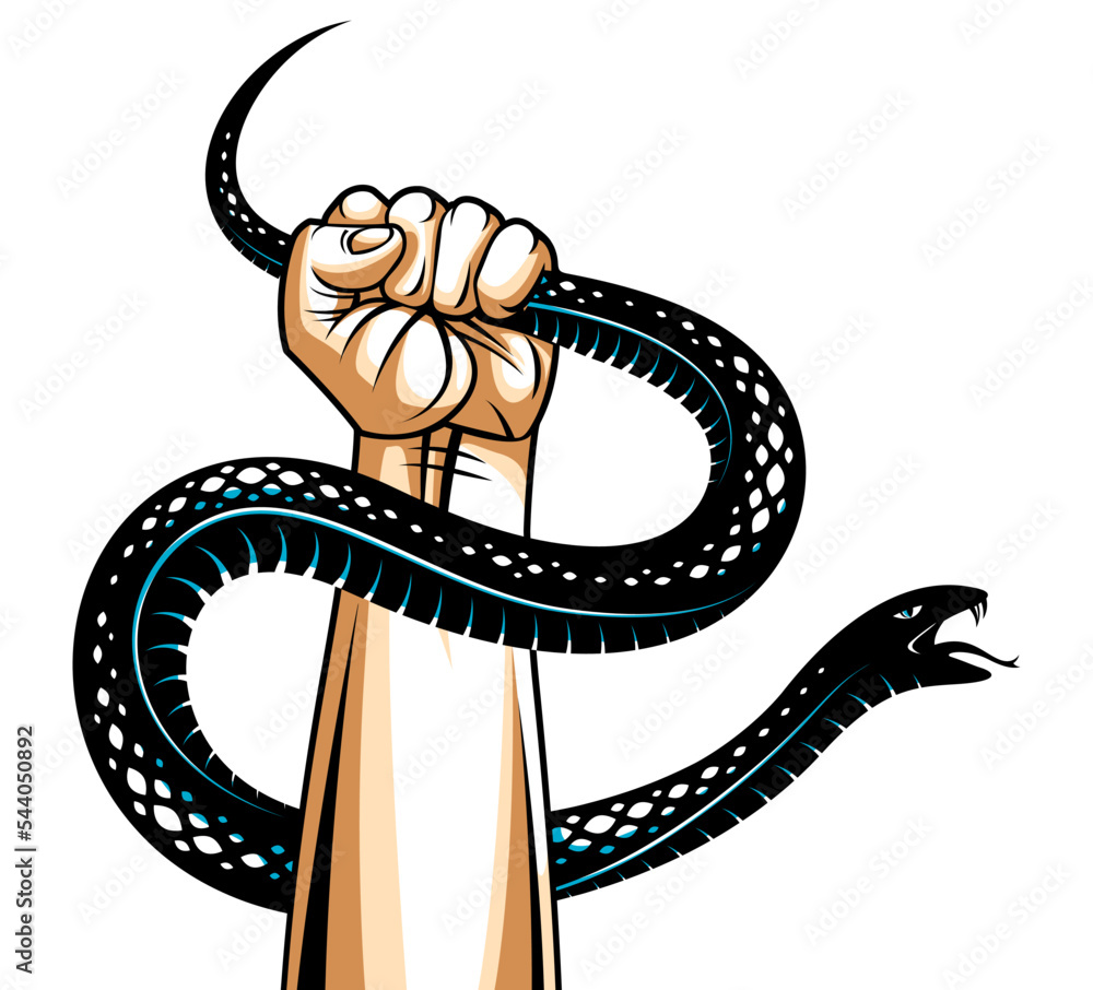 Hand squeezes a snake, fight against evil devil and Satan, control your ...