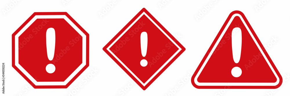set of exclamation marks hazard warning sign icons with red color Stock ...