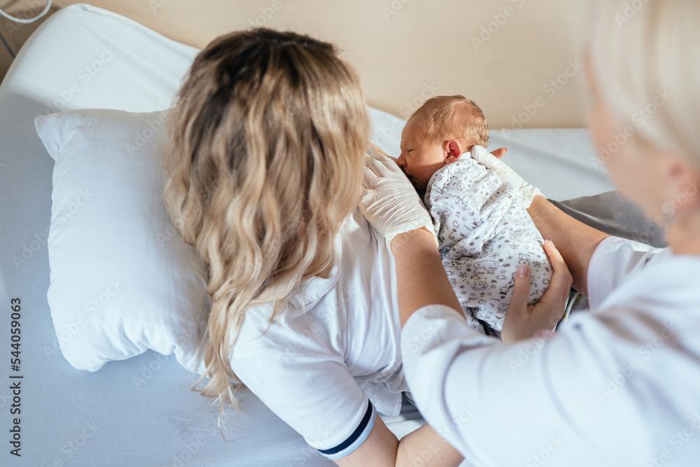 Breast Feeding A New Born Sucking Mother Breast Above View Of