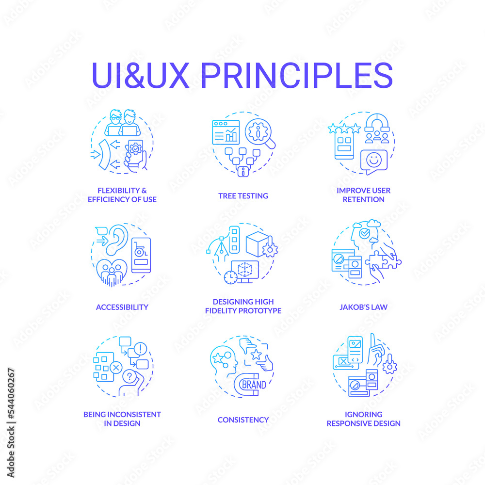 UI UX rules blue gradient concept icons set. App usability. Human ...