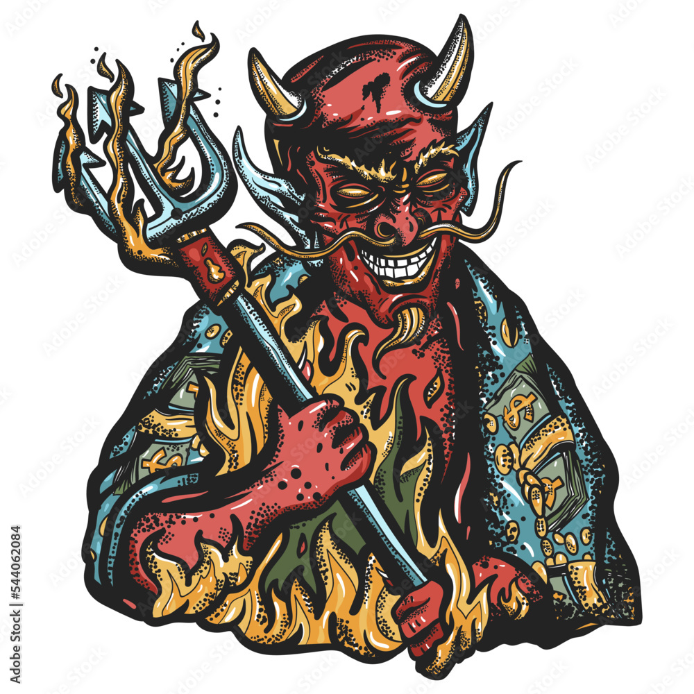 Evil devil. Terrible satan with pitchforks. Symbol of villainy, hell, sins, sinfulness, and ...