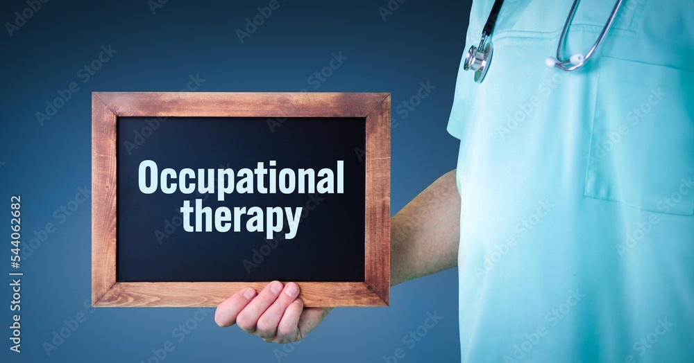 Occupational therapy. Doctor shows sign/board with wooden frame ...