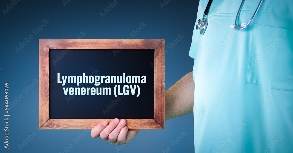Foto de Lymphogranuloma venereum (LGV). Doctor shows sign/board with wooden frame. Background ...