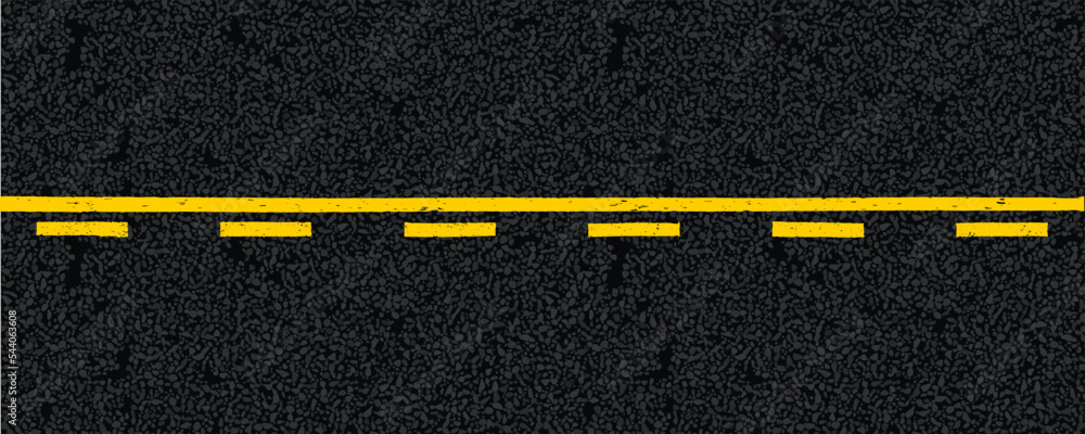 Yellow dotted and solid highway traffic marks lines on tarmac road top ...