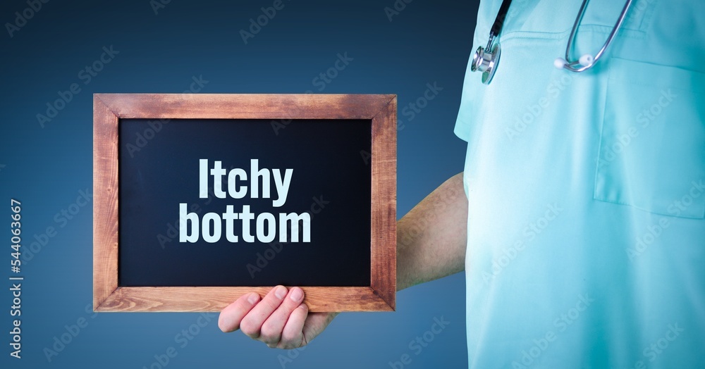 Itchy bottom (pruritus ani). Doctor shows sign/board with wooden frame ...