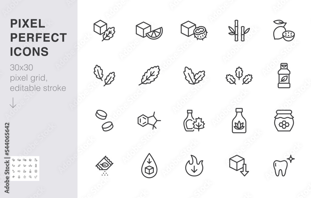 Sweeteners line icon set. Xylitol, cane sugar, fructose, maple syrup ...