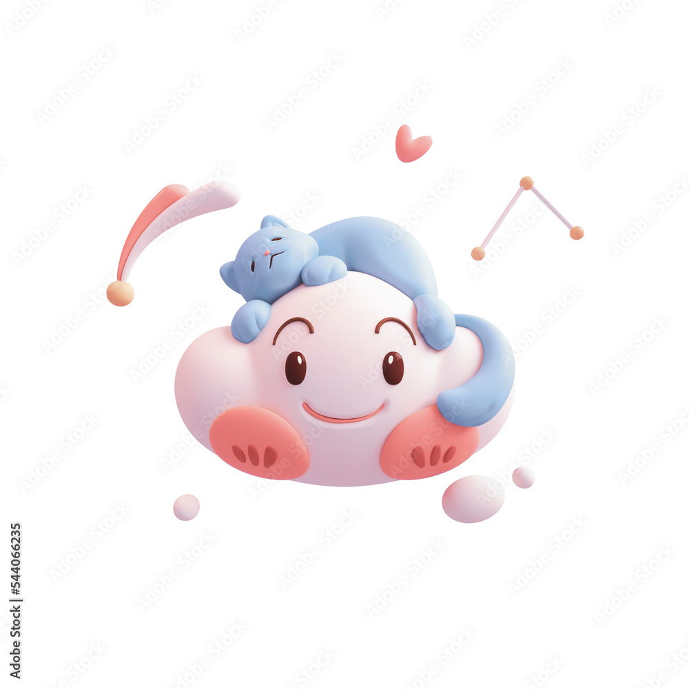 Fluffy blue cartoon cat sleeps lying on cloud floats in air space with ...