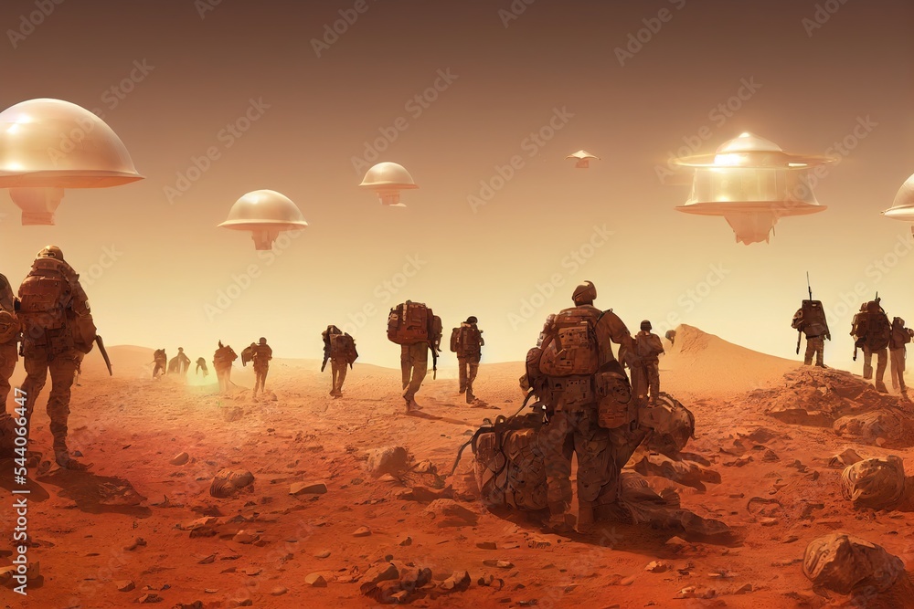 A group of armed forces walking in the desert. In the distance is a ...