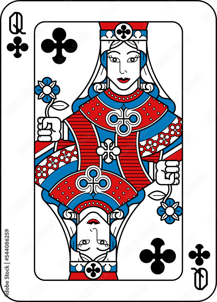 Playing Card Queen of Clubs Red Blue and Black Stock Illustration ...