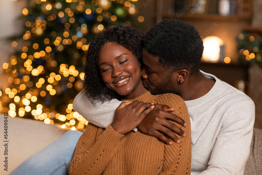 Smiling young black husband hug and kiss wife, enjoy holiday together ...