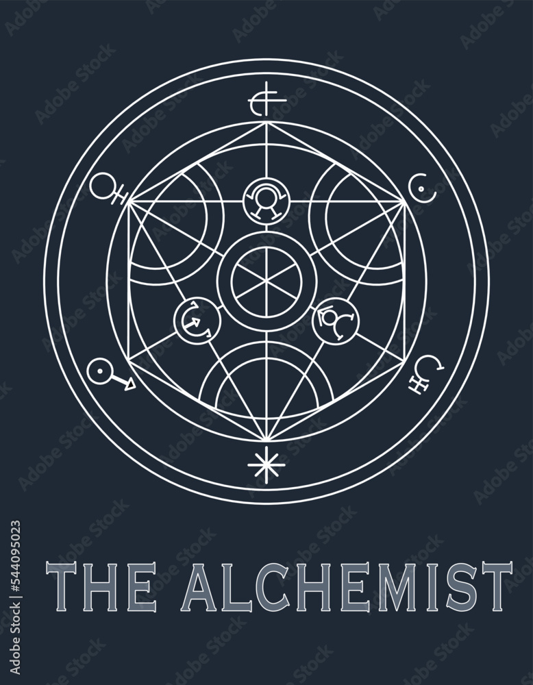 Vector alchemical circle of basic elements. Sacred geometry, vintage design. Magic circle ring ...