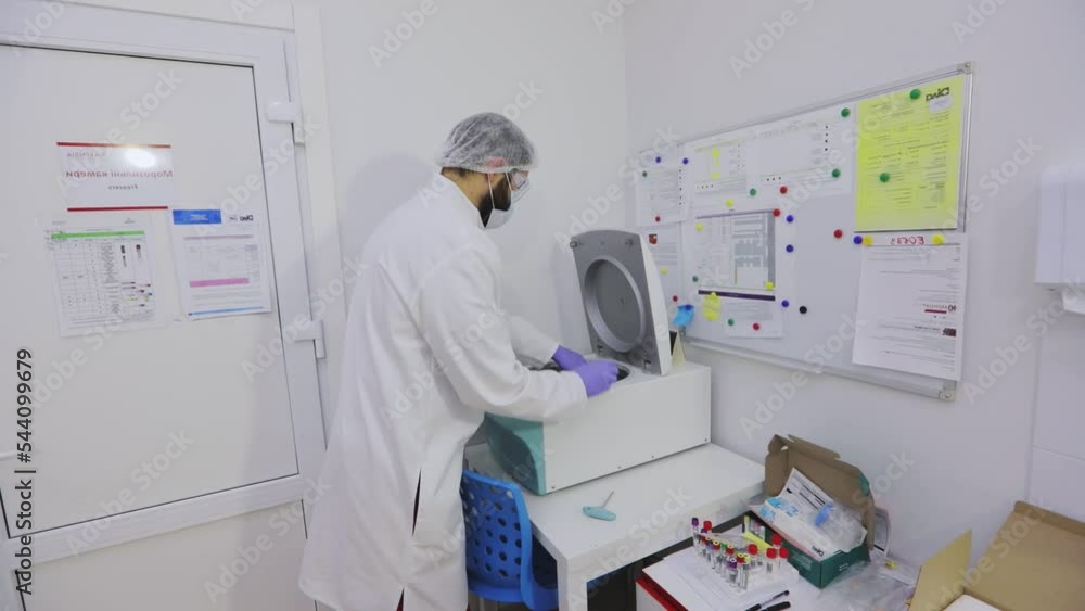 The laboratory assistant puts the test tubes into a laboratory test ...