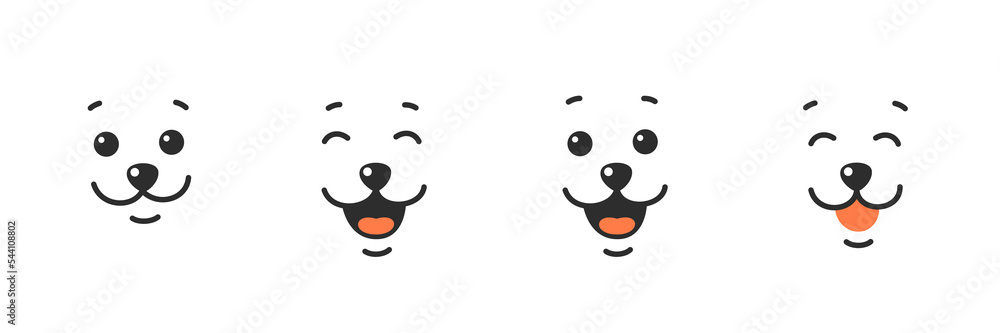 Various dog face icons. Happy pets face with cute smile, tongue hanging ...