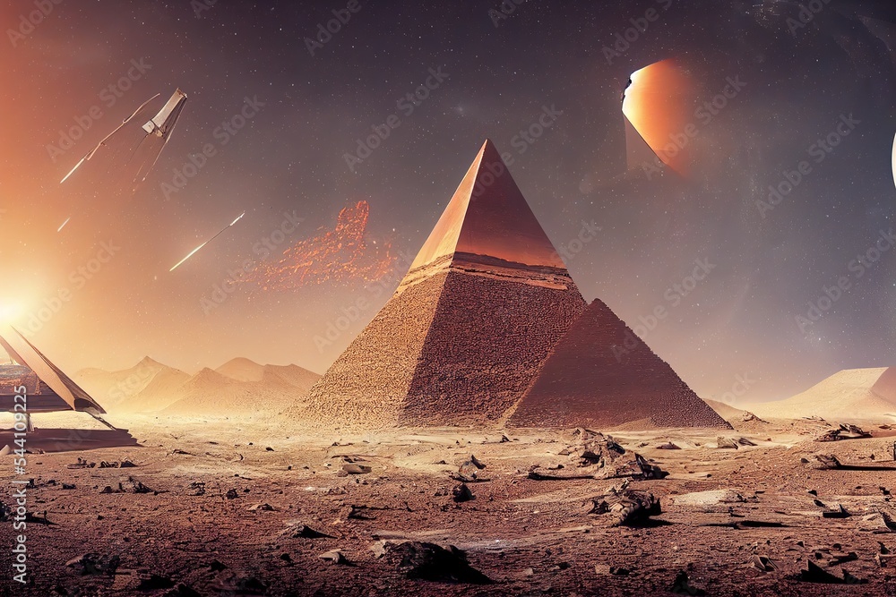 Alien pyramid power illustration of science fiction scene with ...