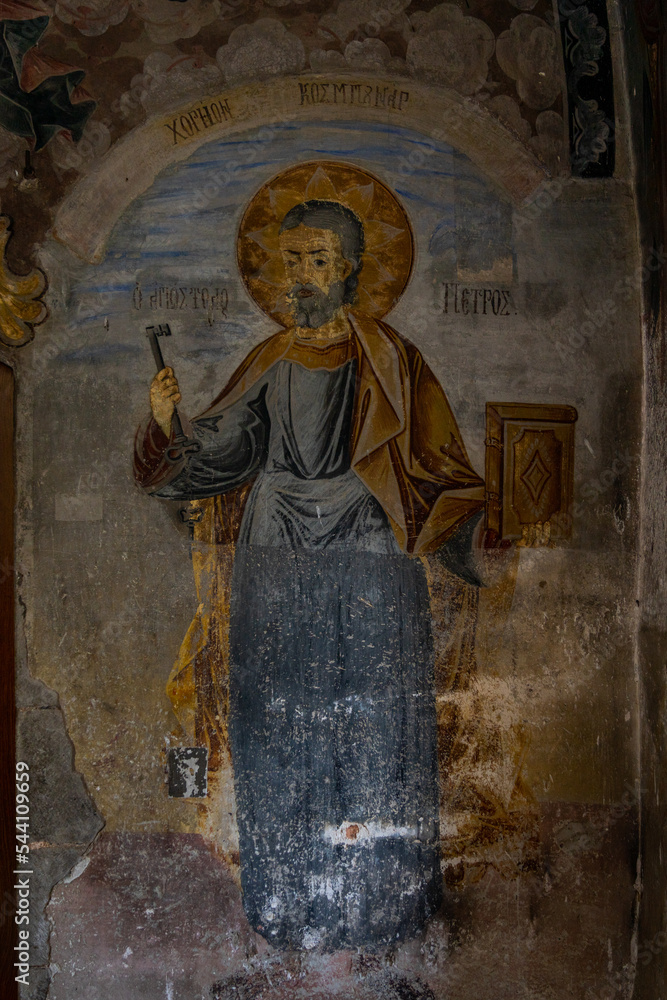 14th-century Christian Orthodox fresco mural on the wall of the ...