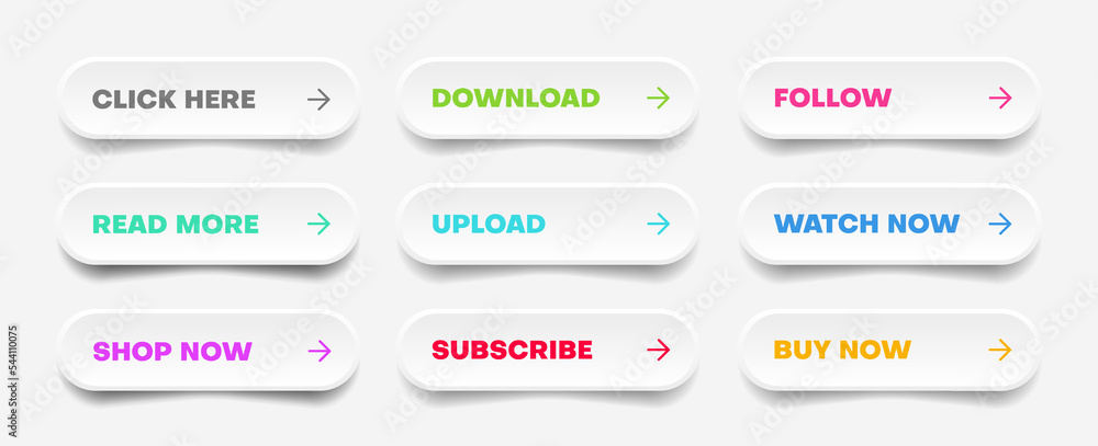 3d click here web buttons. Set of action button, hand cursor and arrow ...