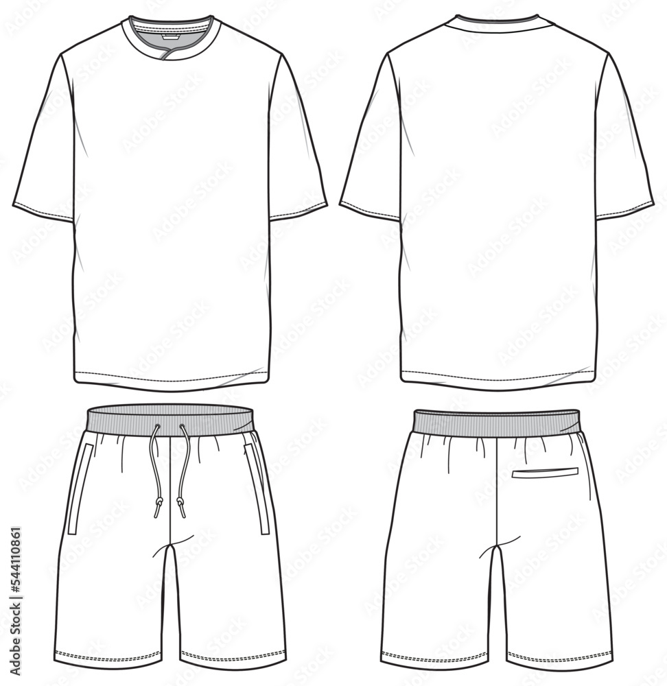 Mens T Shirt and short set flat sketch illustration front and back view ...