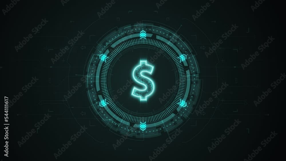 Motion graphic of Blue digital money logo with rotation HUD UI circle ...