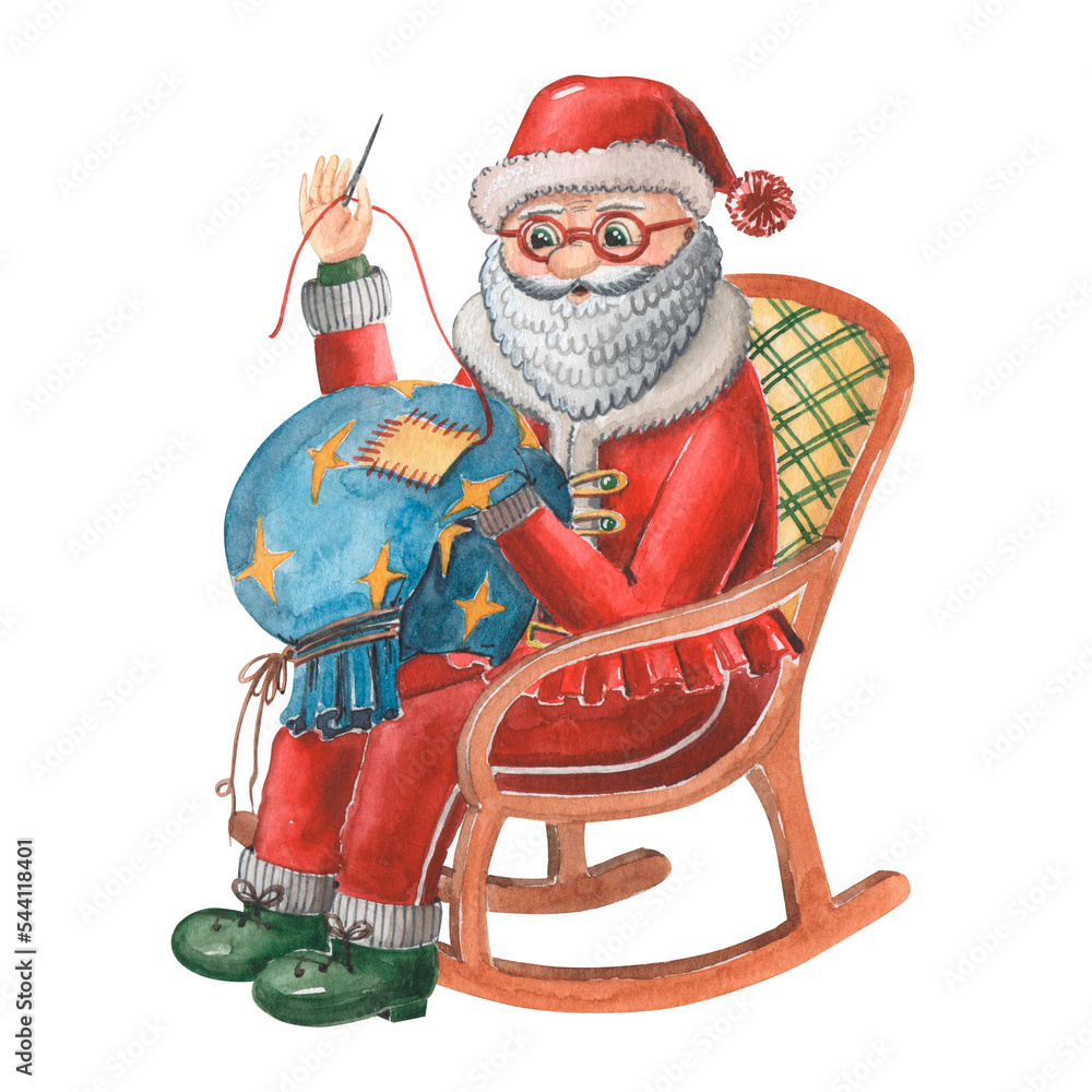 Watercolor hand-drawn Santa Claus sewing up a bag of gifts. Funny ...