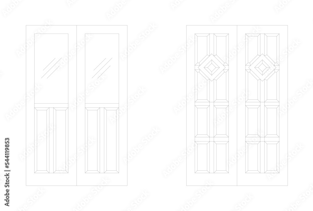 Decorative timber door drawing in 2D and in black and white. The ...