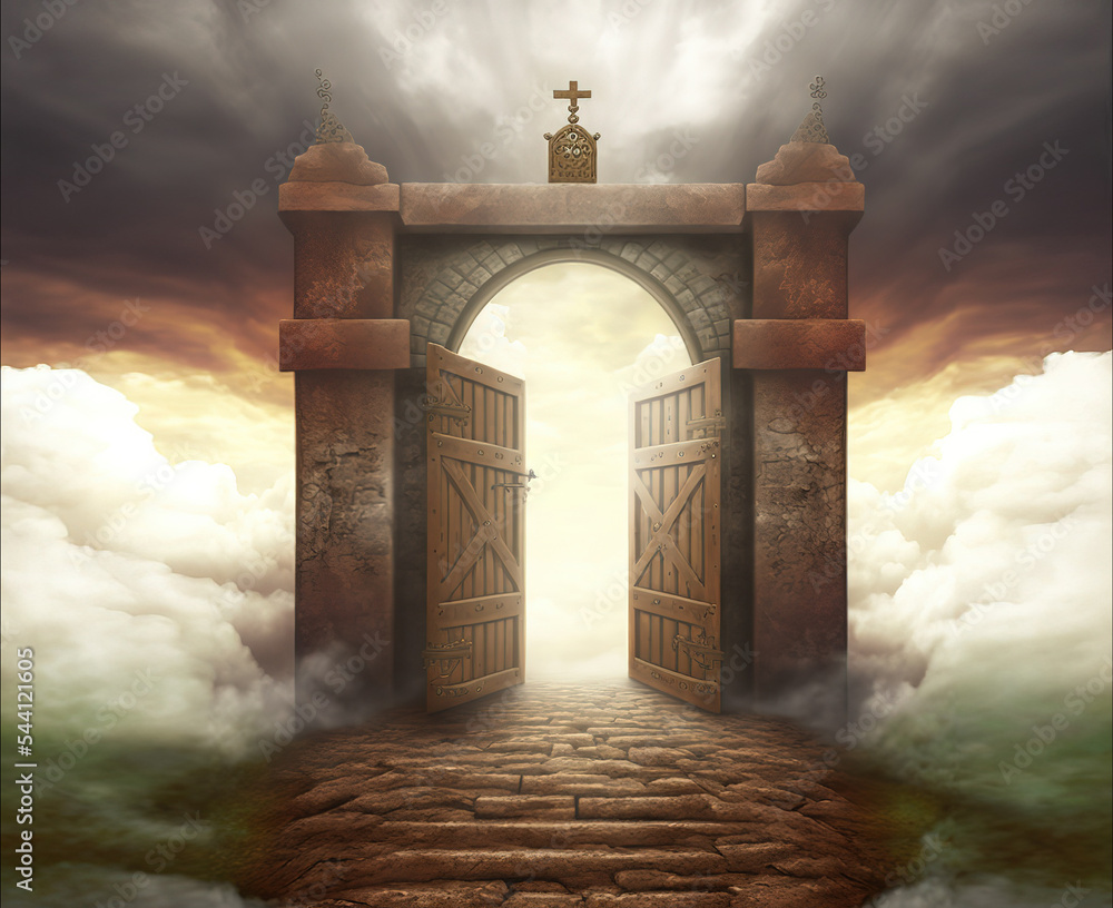 Wooden gate in dim clouds in an empty room. Portal to another world ...