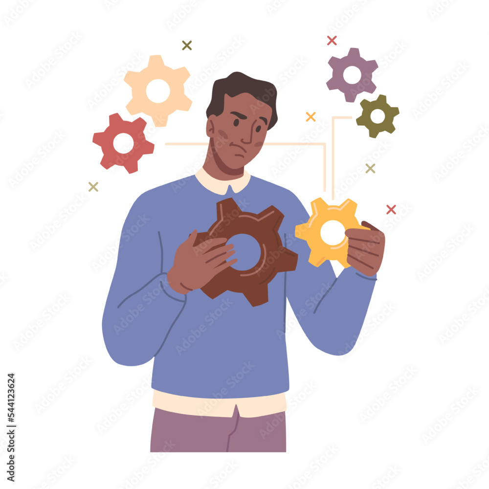 Practical type thinking or mindset. Isolated male personage working on ...