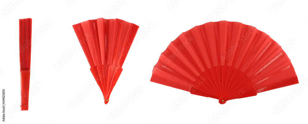 Red hand fan opening proces. Fold and unfold traditional hand fan Stock ...