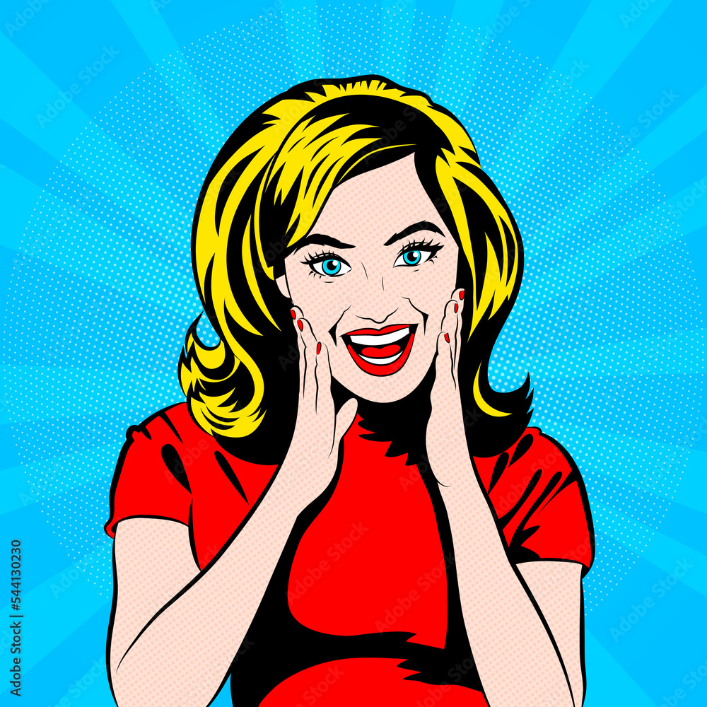 Happy excited pop art girl smiling and touching her face with hands ...