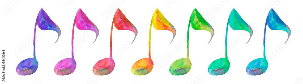 Colourful music note symbols of different color: pink, red, orange ...