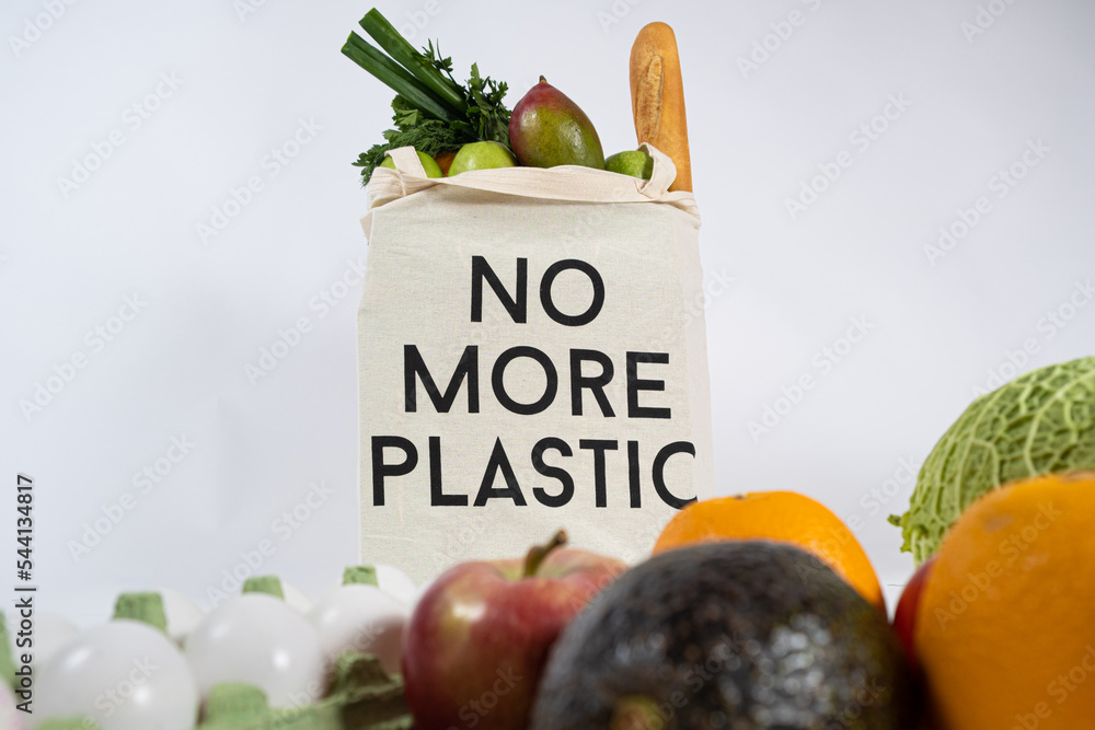 Reusable fabric shopping bag with text no more plastic, eco concept ...