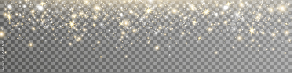 Glitter golden light and stars border. Christmas Holiday glow particle. Magic star effect ...