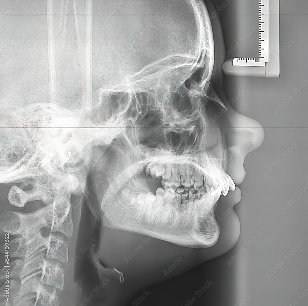 Lateral x-ray (teleradiograph) of the skull of a young woman showing a ...
