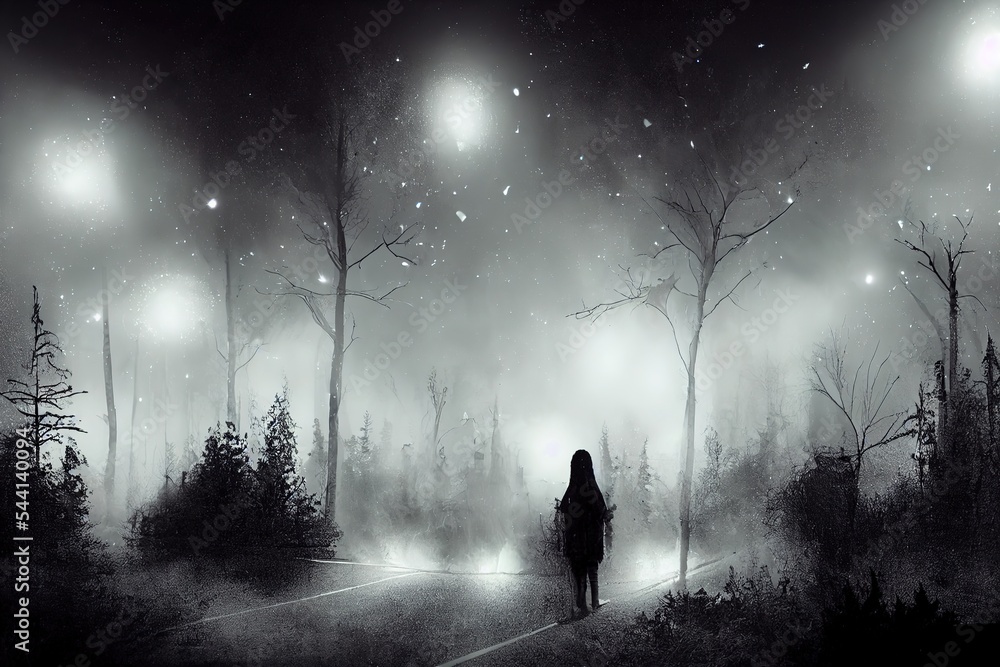 Dark street, brick wall, magic mirror, smoke, smog. Night landscape ...