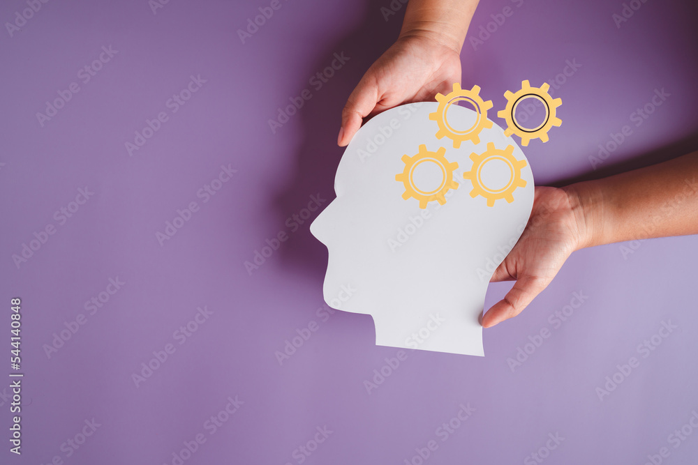 hands holding brain with setting icon paper cut, innovation idea ...