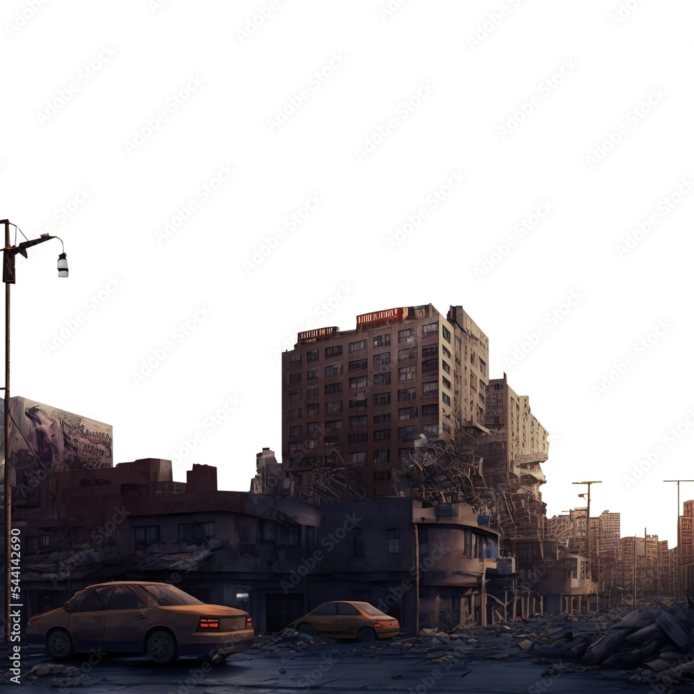 a highly detailed post apocalypse city in ruins with a destroyed street ...
