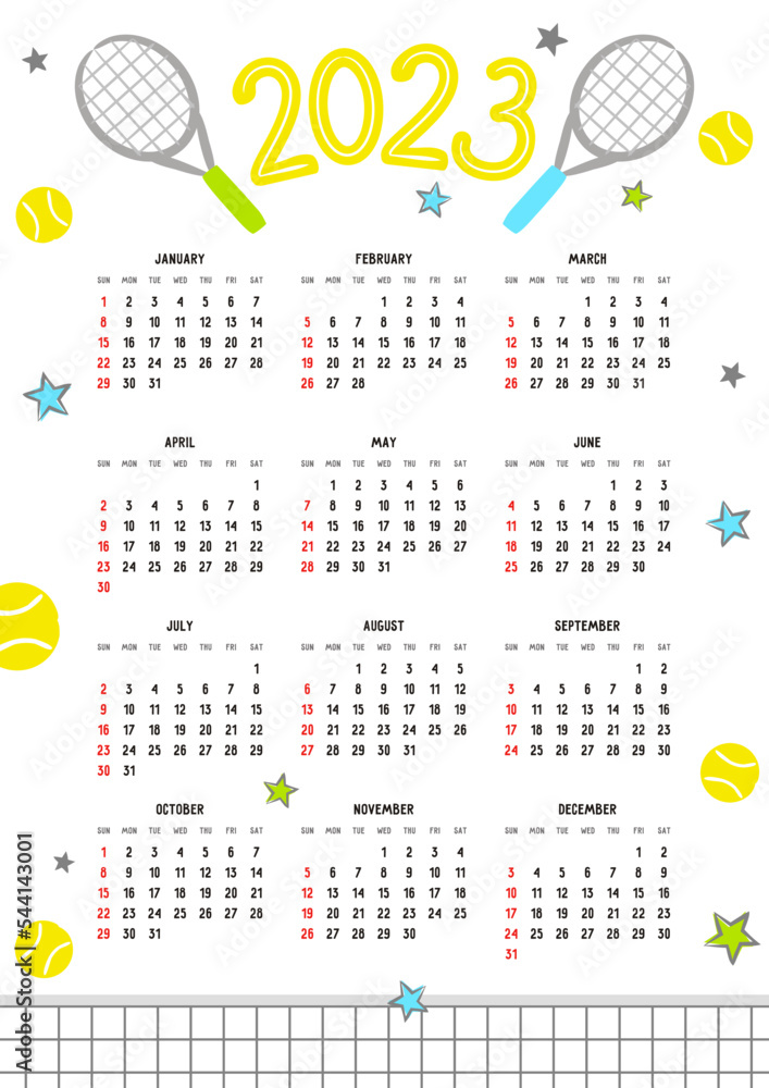Kids Sports Calendar template for 2023 with Tennis rackets and balls ...