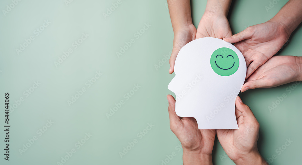 hands holding smile face in brain paper cut, happy smiley emotion and ...