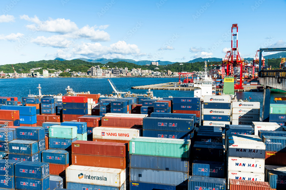 Keelung City, Taiwan- August 14, 2022: Panoramic view of the container ...
