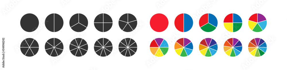 Pie charts color icon set. Circle graph illustration symbol. Sign ...