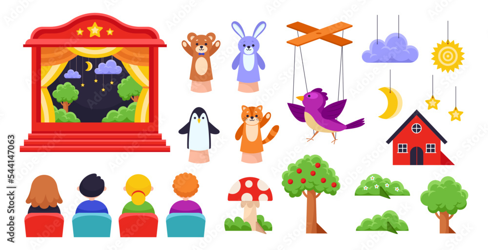 Stage, toys and kids for puppet theater vector illustrations set ...