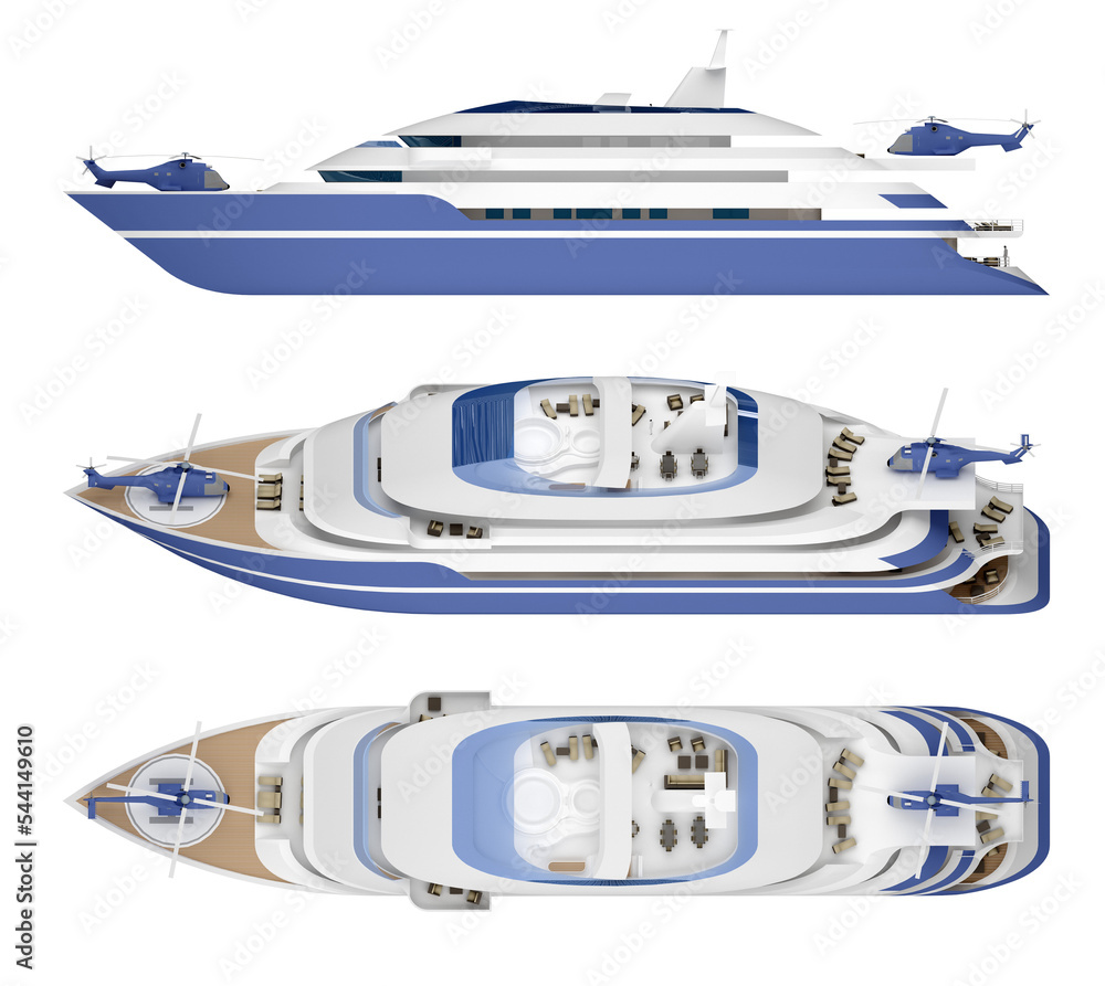 ภาพประกอบสต็อก luxury yacht side and top view isolated. 3d rendering ...
